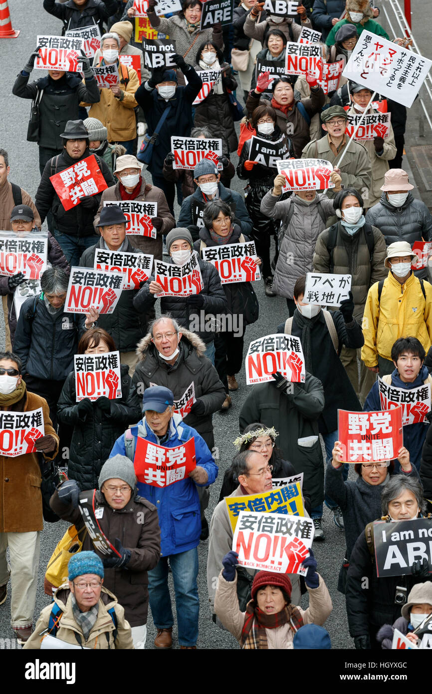 Tokyo, Japan 14th Jan, 2017 Demonstrators hold placards calling for ...