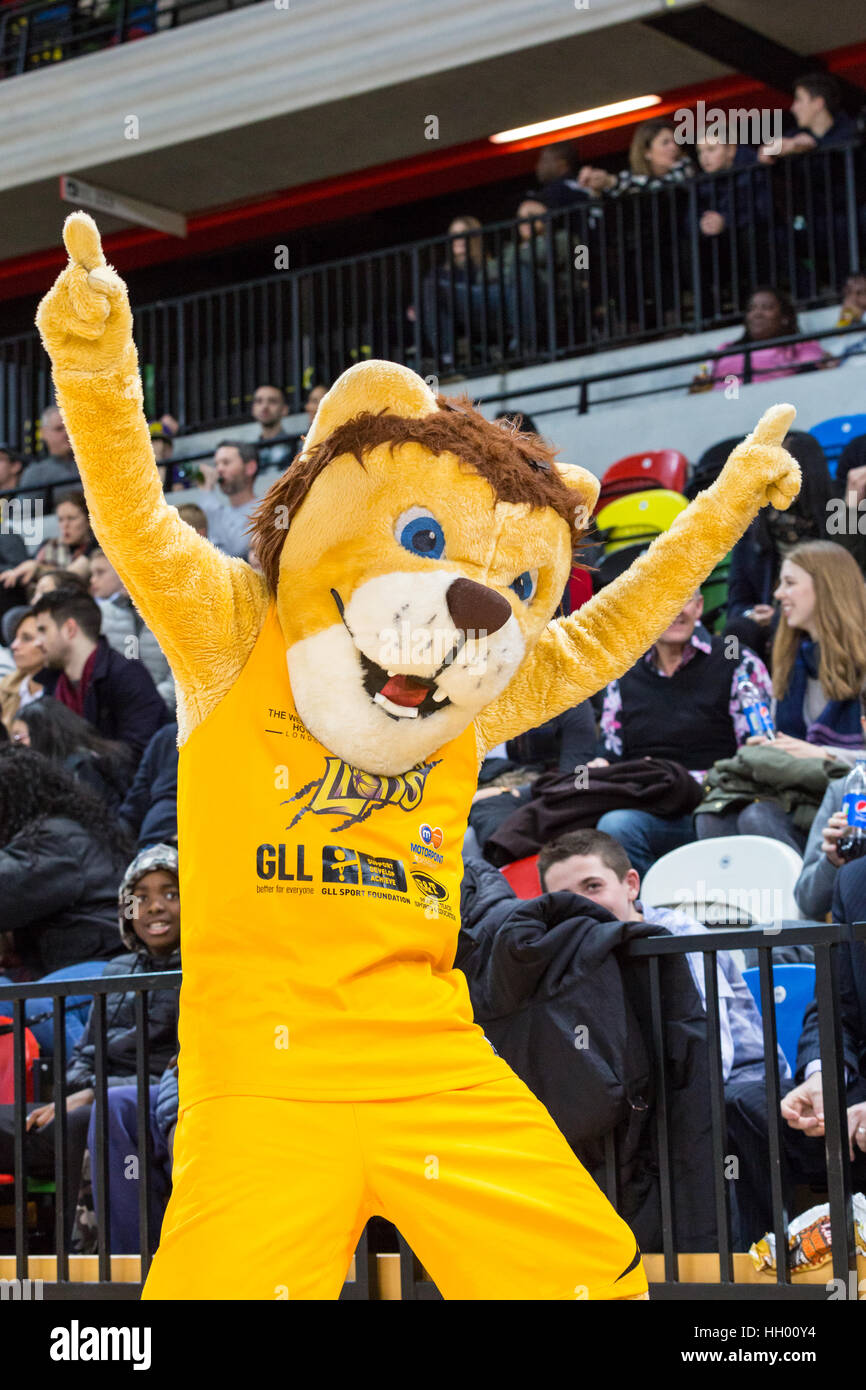 Copper Box Arena, London, 14th Jan 2017. Lions mascot Luis celebrates a ...