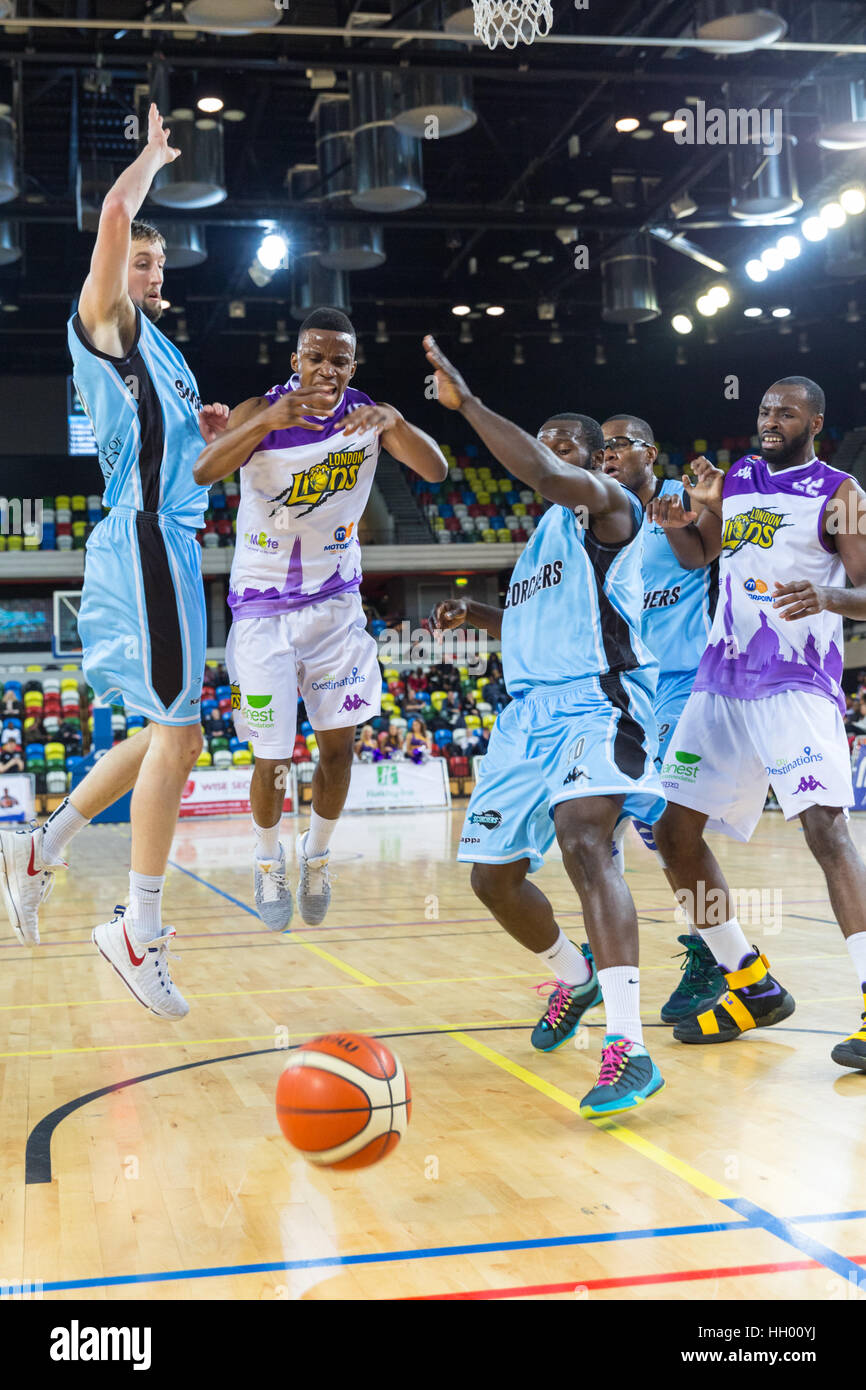 Copper Box Arena, London, 14th Jan 2017. Lions' Kevin Moyo (10) follows ...