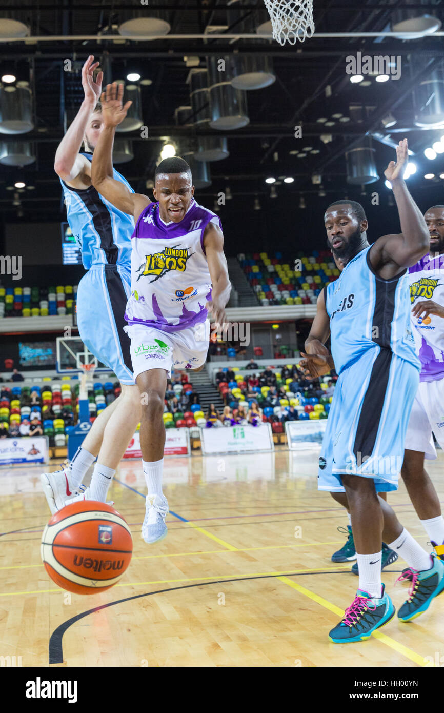 Copper Box Arena, London, 14th Jan 2017. Lions' Kevin Moyo (10) follows ...