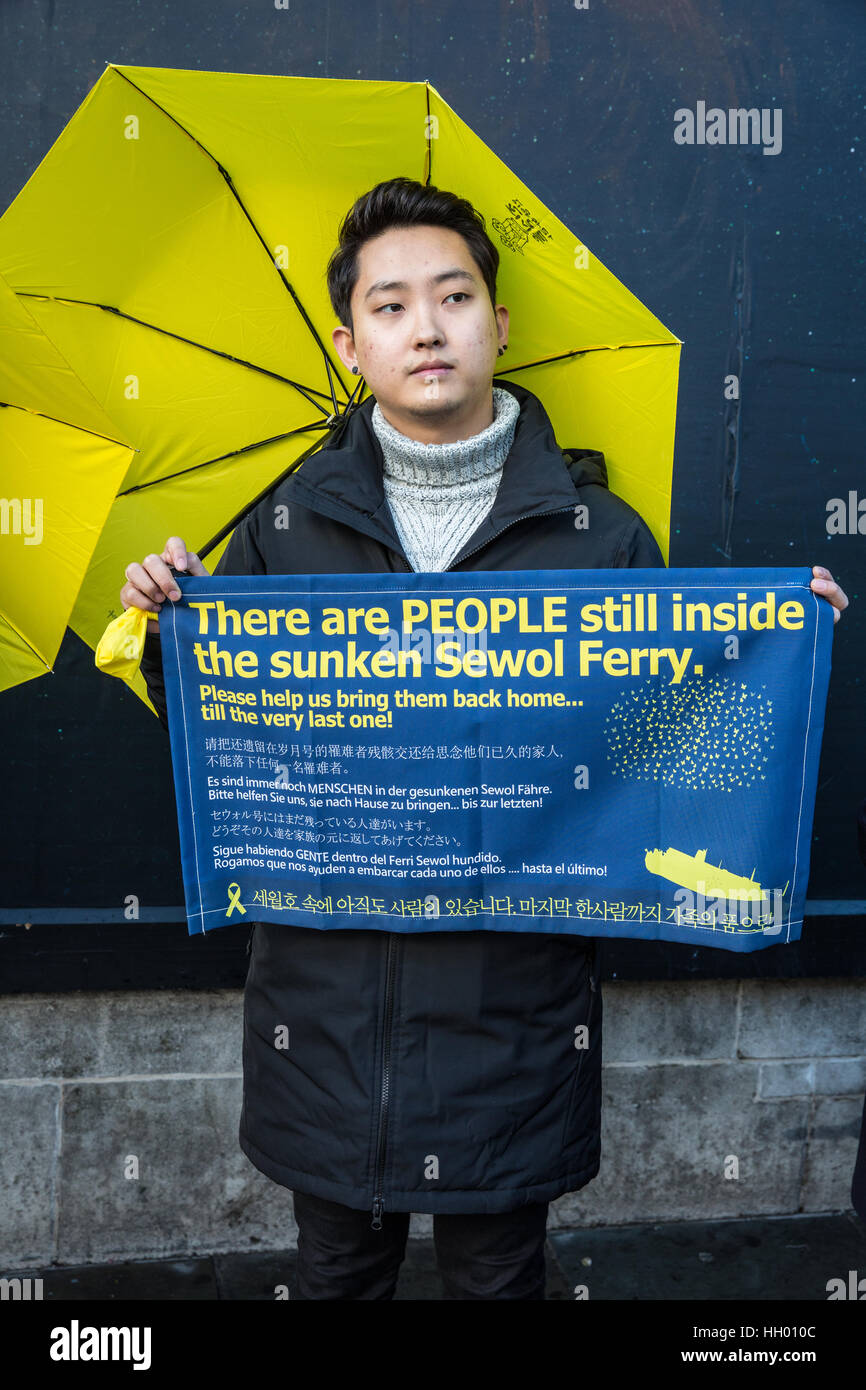 London, UK. 14th January, 2017. A member of the UK's Korean community ...