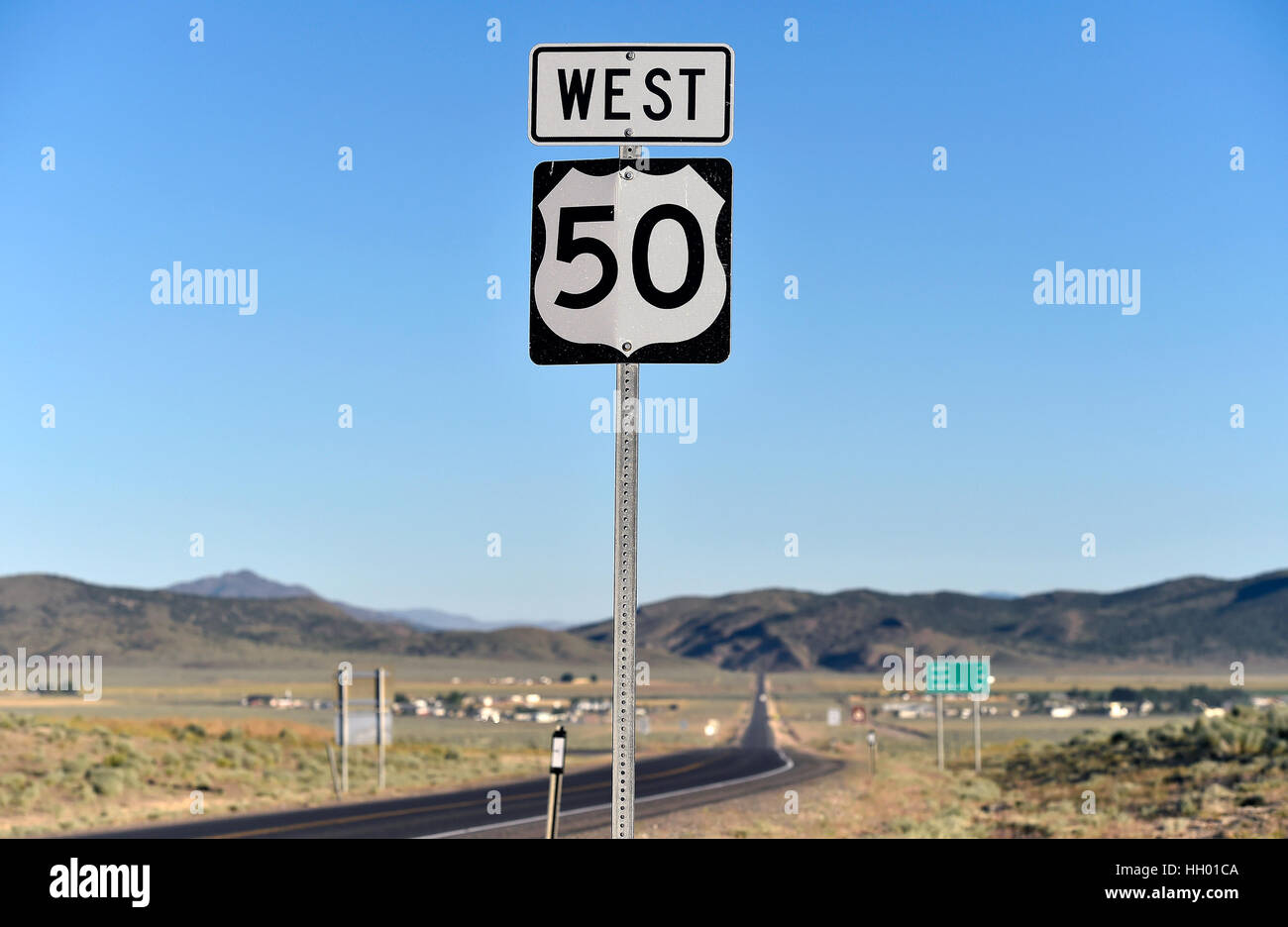 Eureka, Nevada, USA. 13th July, 2016. A U.S. Highway 50 road sign is ...