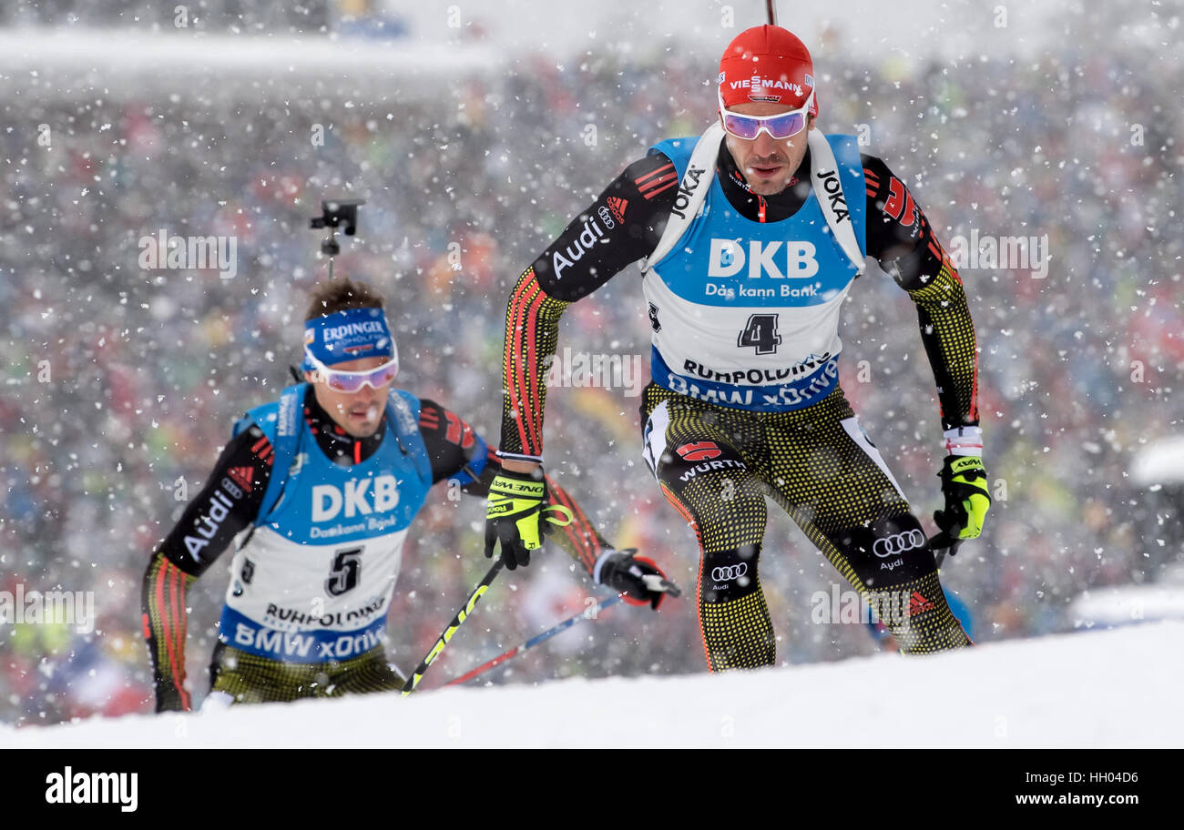 Ruhpolding, Germany. 15th Jan, 2017. Biathletes Arnd Peiffer (r) and ...