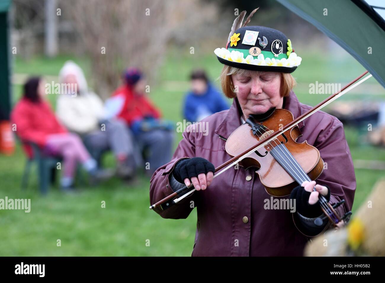 Wassailing at Bridport orchard in Dorset, UK, people enjoy the ancient ...