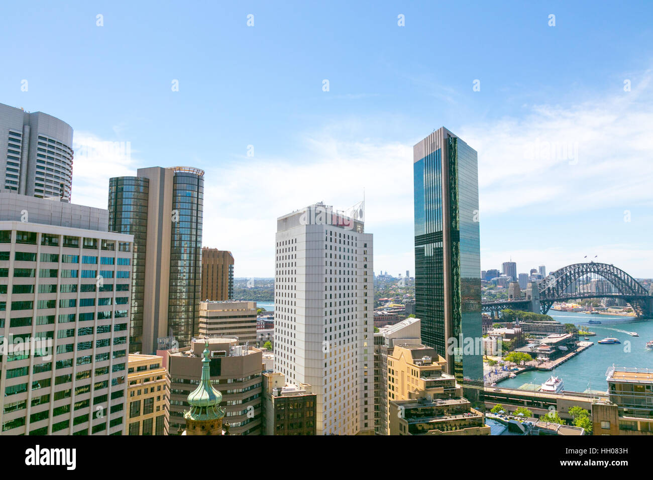 view of Sydney harbour and harbour bridge and office buildings looking ...