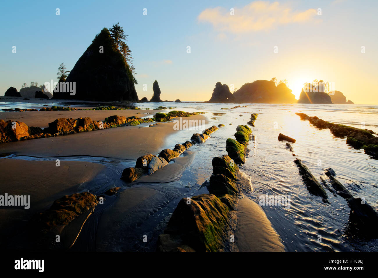 Sunset over ocean waves, sea stacks, rocks and sandy beach, Shi Shi ...