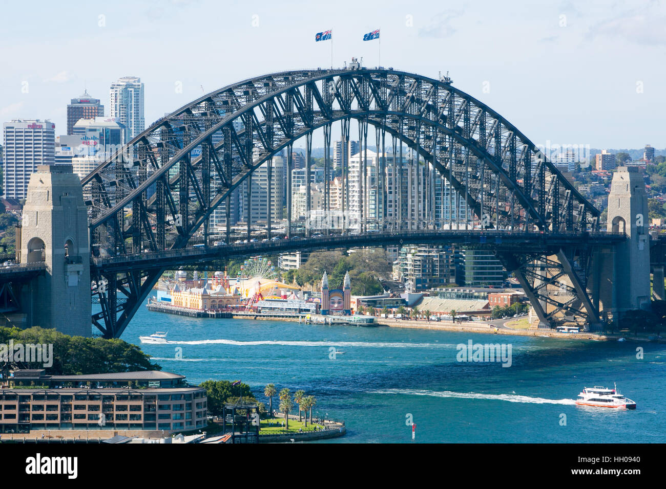 view looking north over the Sydney harbour bridge and the harbor ...