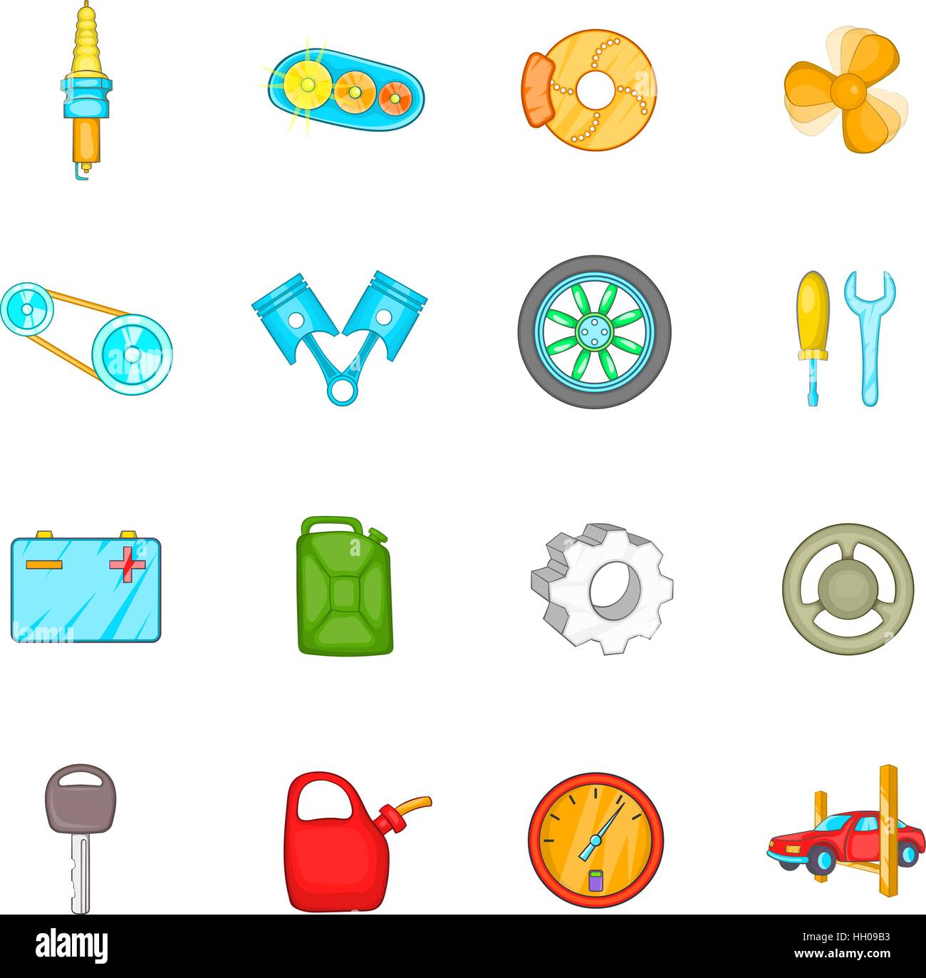 Auto spare parts icons set in cartoon style. Car maintenance set ...