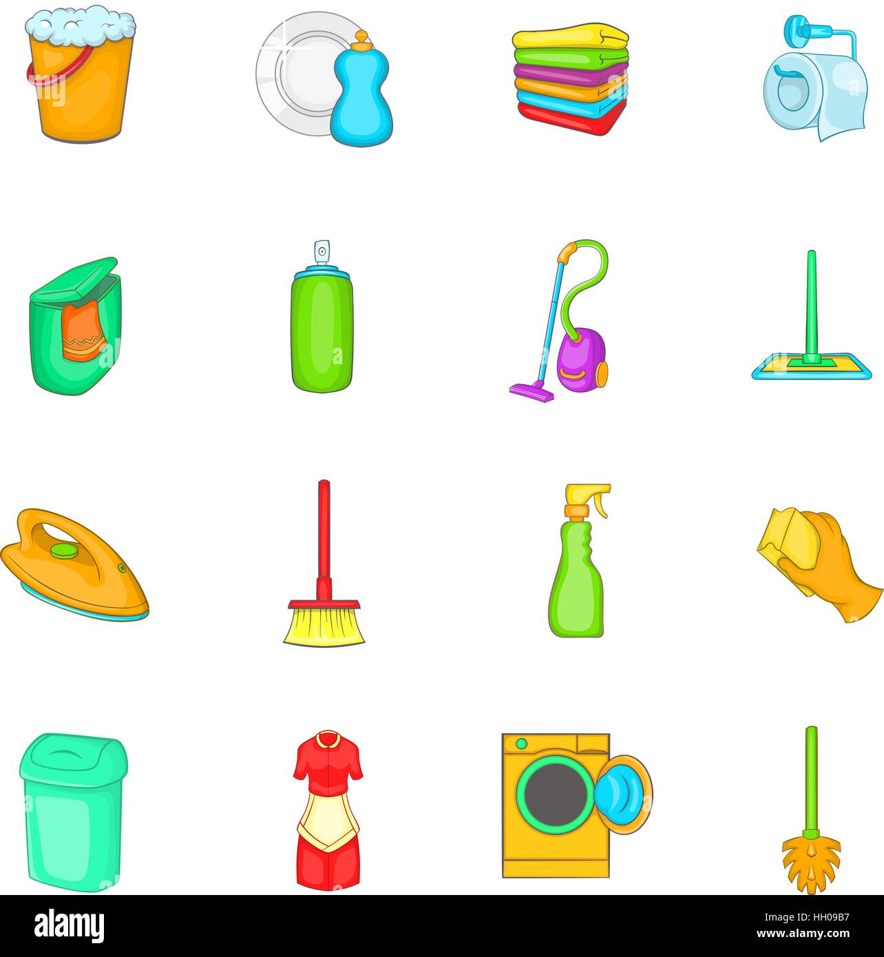 Household elements icons set in cartoon style. Cleaning tools set ...