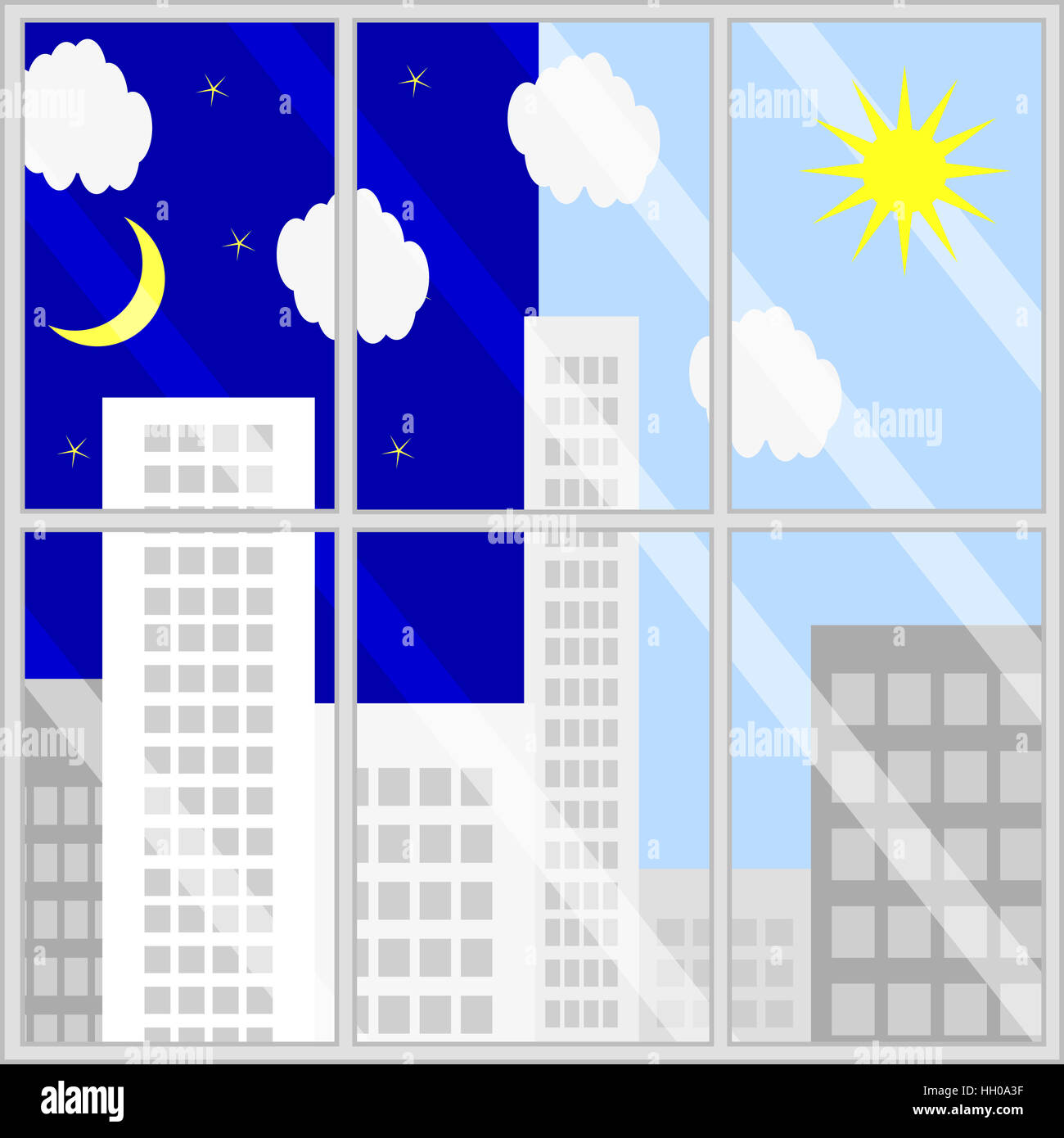 Day night view from window. Illustration of landscape background, glass ...