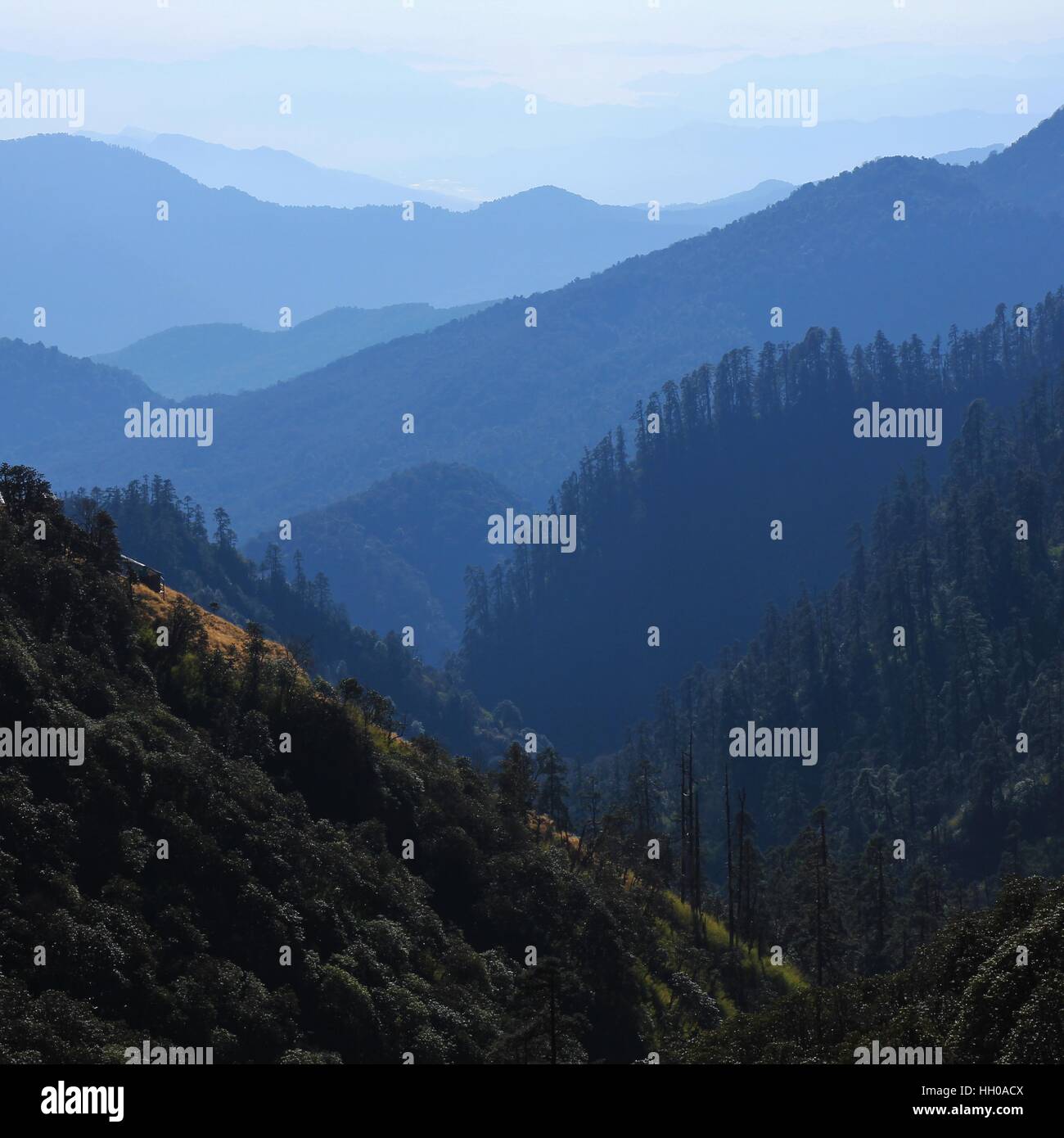 Landscape near Pokhara, Nepal. View from Isharu. Layered mountain ...