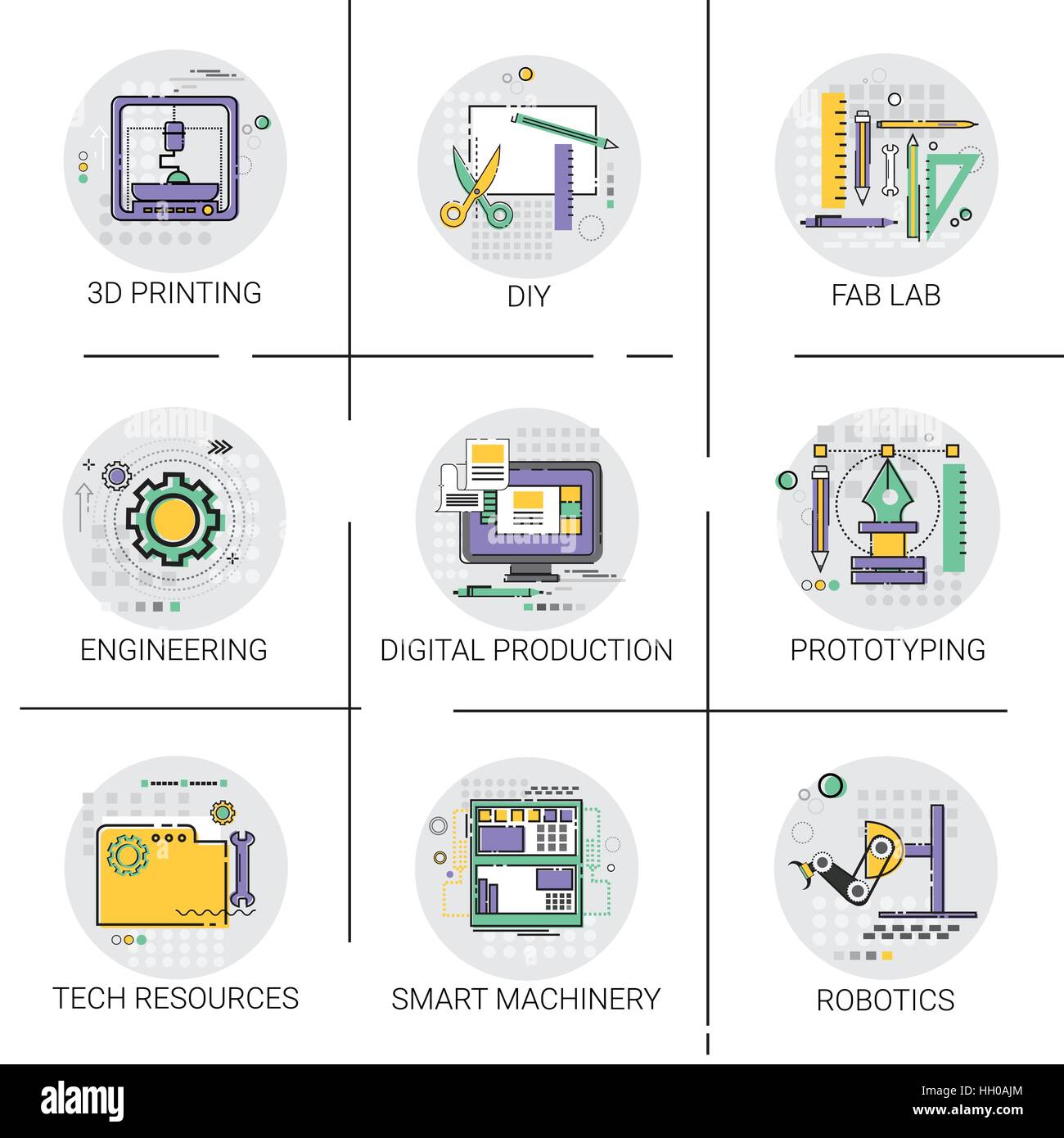 Smart Machinery Industrial Automation Production Icon Set, 3d Printing ...