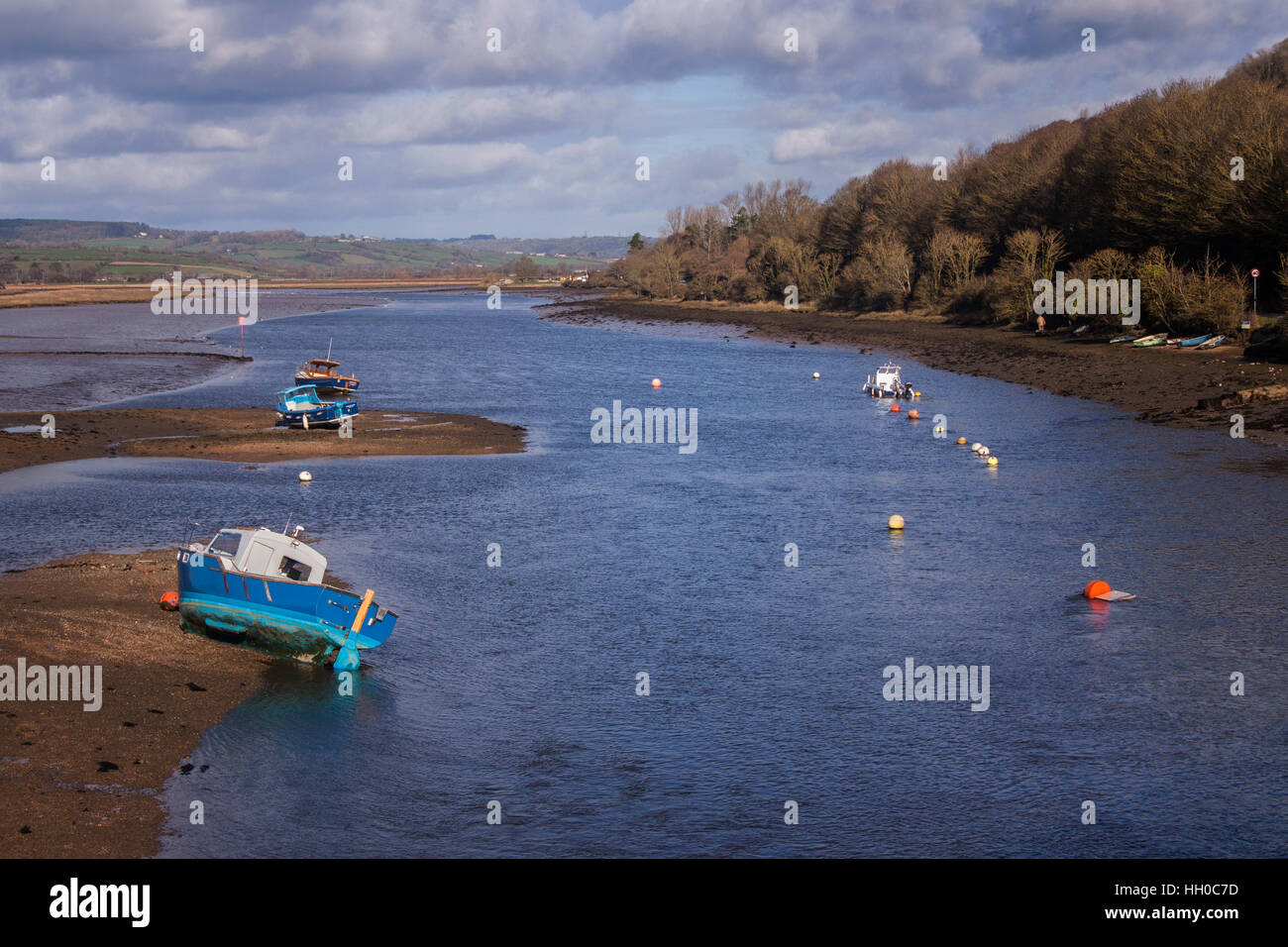 View up the River Axe from the harbour by Seaton north towards Axmouth ...
