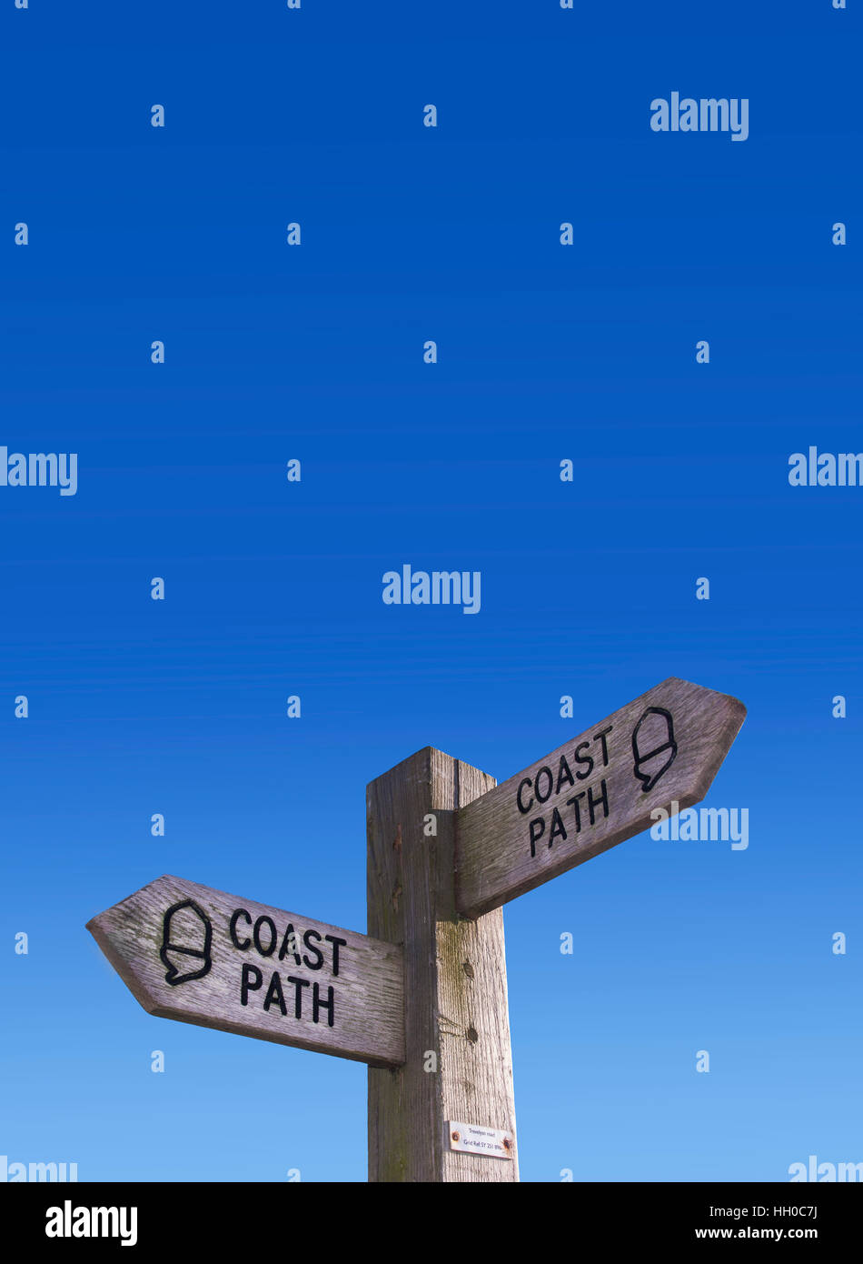 Wooden coast path sign, on the seafront at Seaton, Devon Stock Photo ...