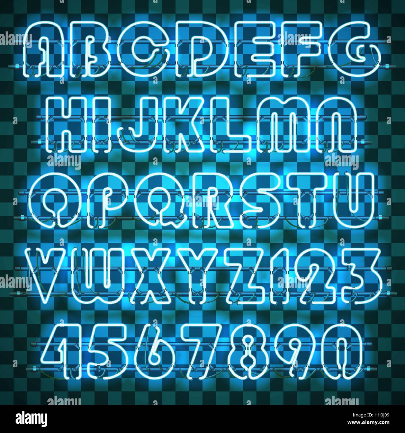 Glowing blue neon alphabet with letters from A to Z and digits from 0 ...