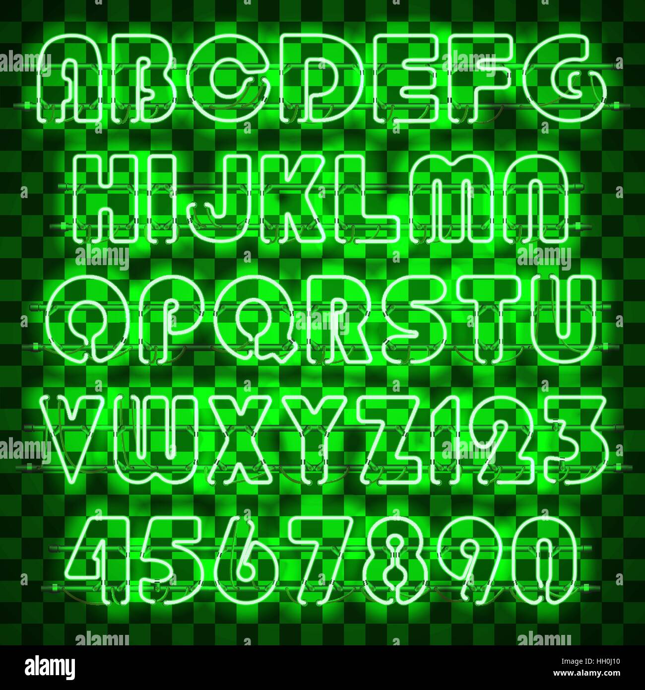 Glowing green neon alphabet with letters from A to Z and digits from 0 ...
