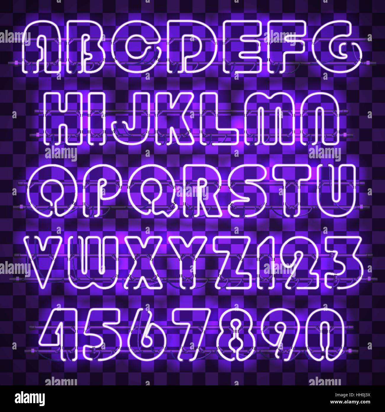 Glowing blue purple alphabet with letters from A to Z and digits from 0 ...