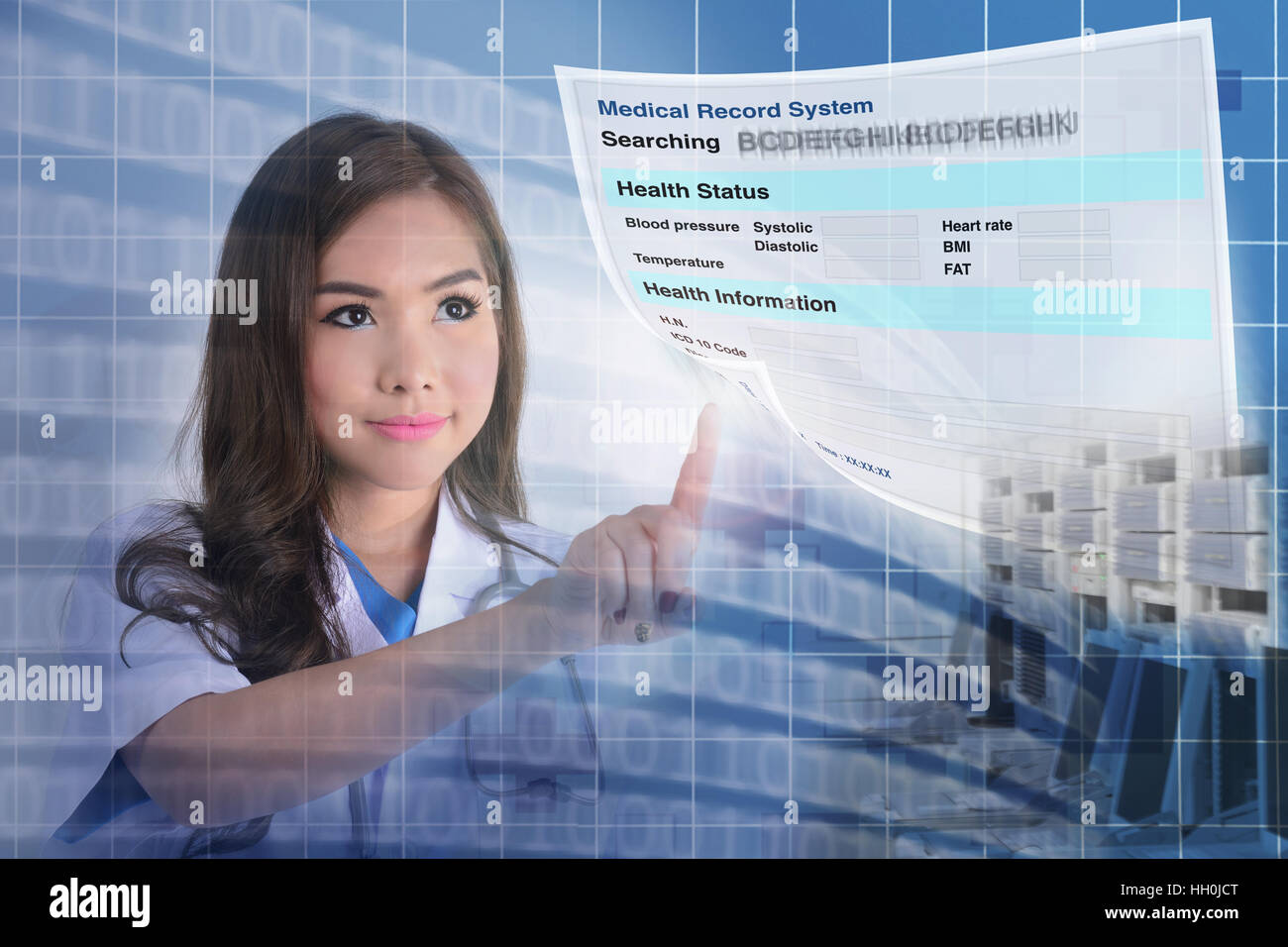 Female doctor searching patient information from electronic medical ...