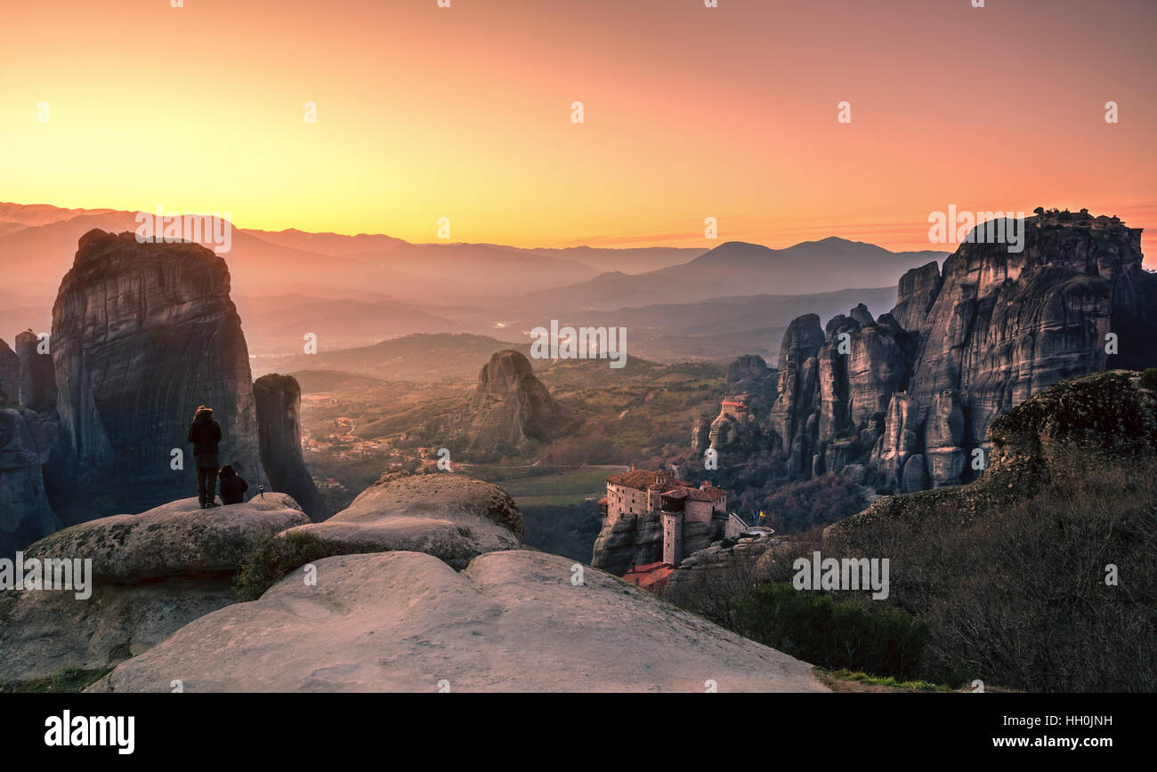 Breathtaking view of Meteora Roussanou Monastery at sunset, Greece ...
