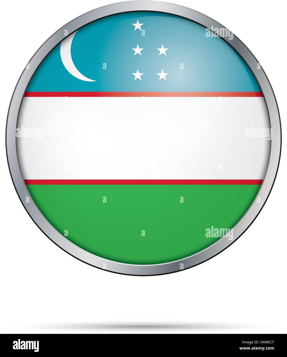 Vector Uzbek flag Button. Uzbekistan flag in glass button style with metal frame Stock Vector ...