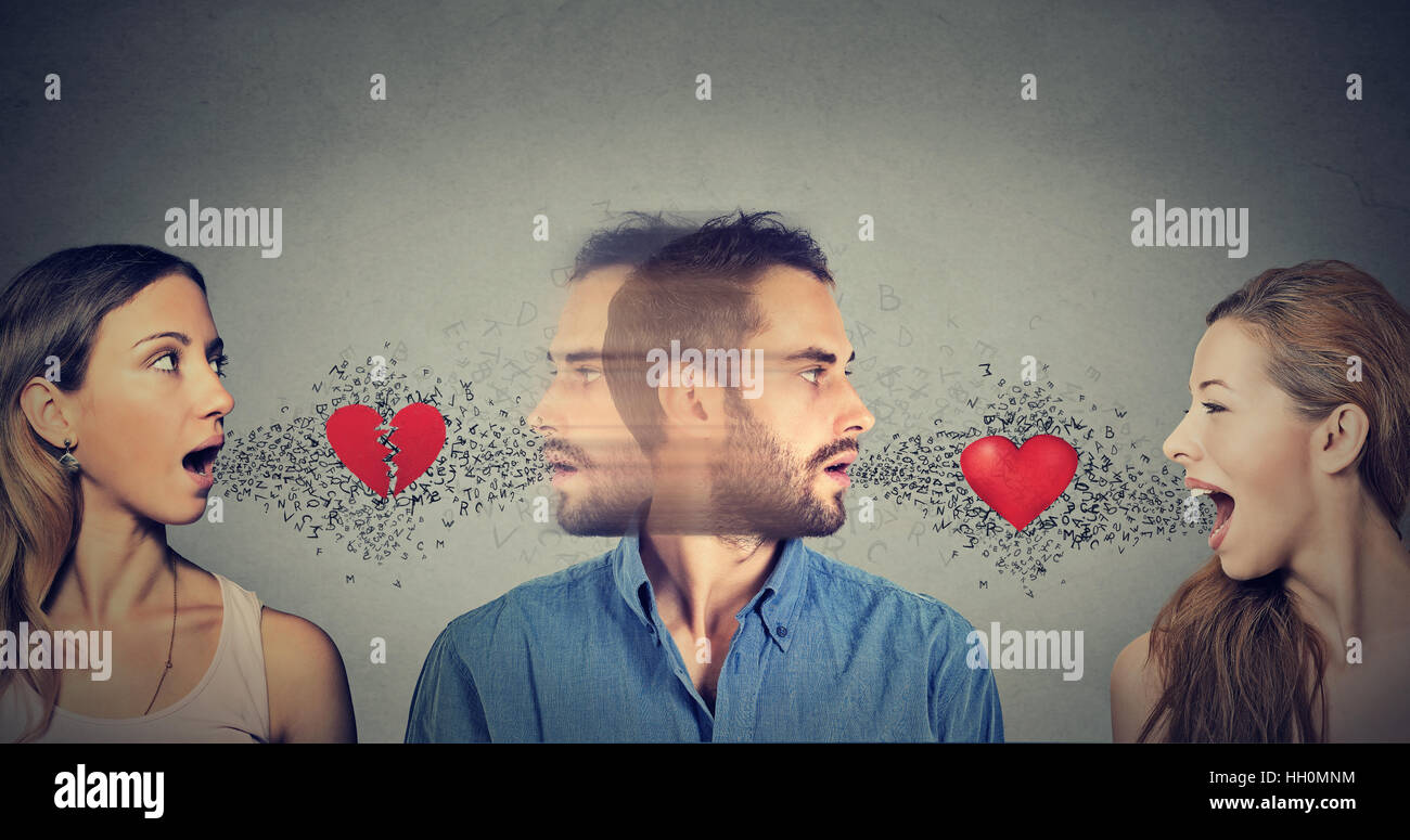 New relationship concept. Love triangle. Young man falls in love with ...