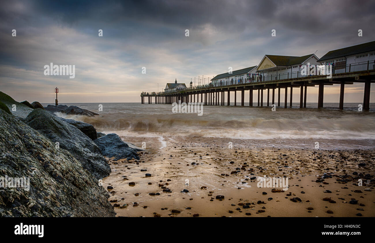 Southwold Pier on the Suffolk Coast at Southwold surrounded by rocks ...