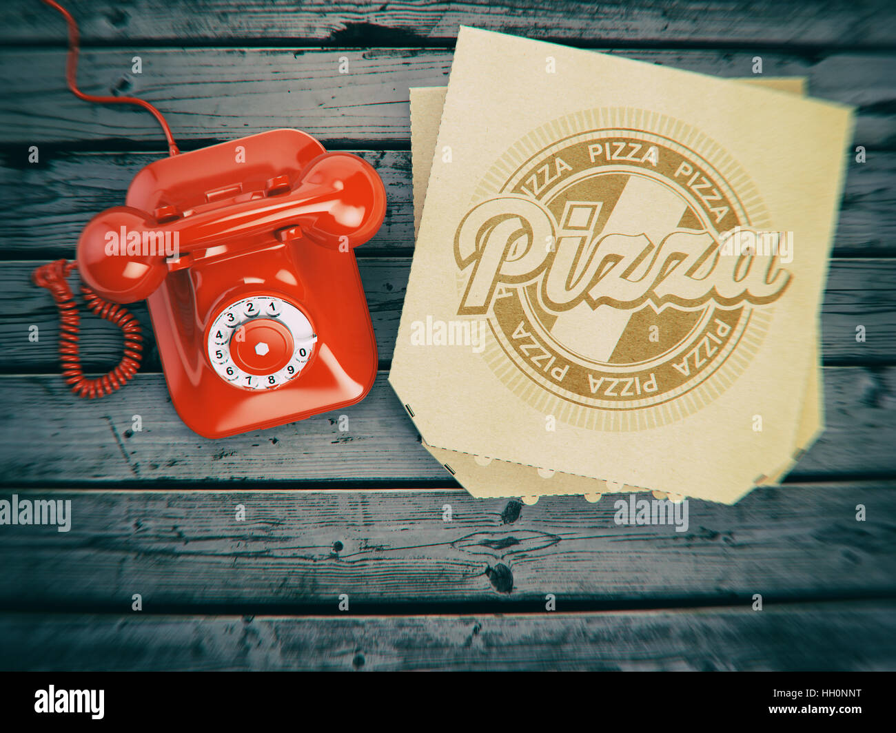 Pizza ordering and delivery concept. Vintage telephone and pizza boxes ...