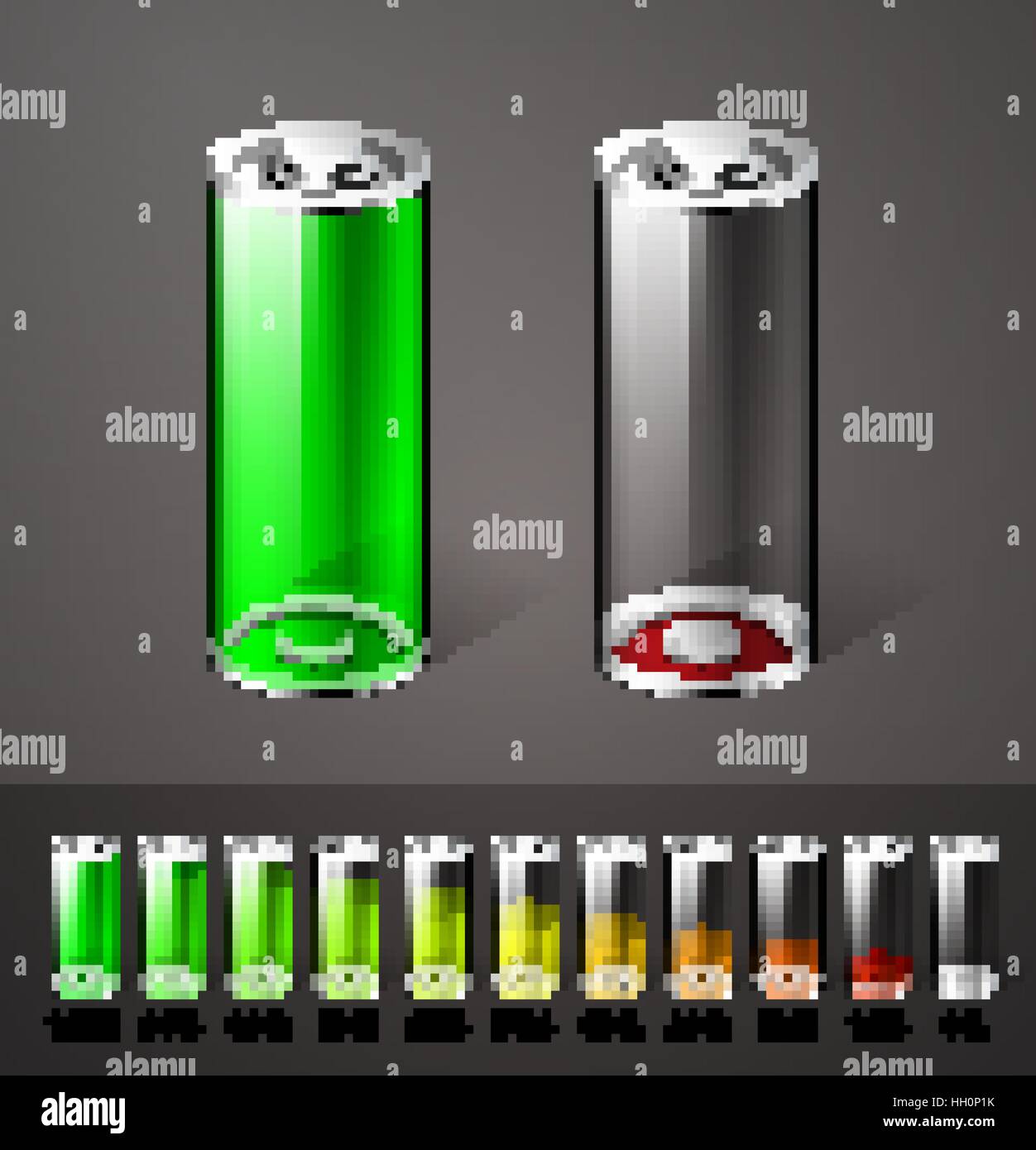 Battery charge concept - full and empty batteries on white and gray ...