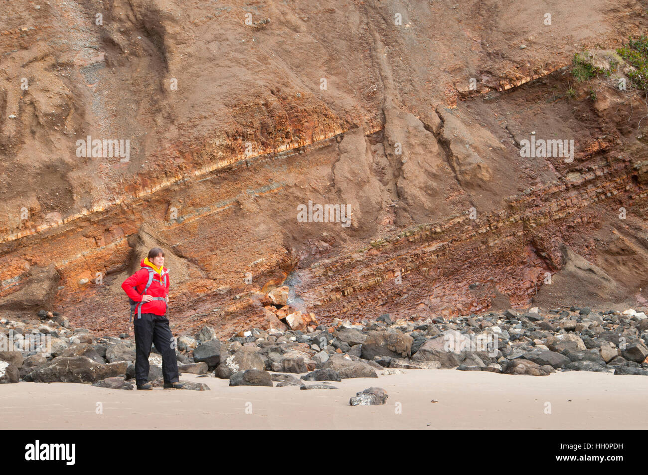 Hiker by beach cliff, Roads End State Park, Lincoln City, Oregon Stock ...
