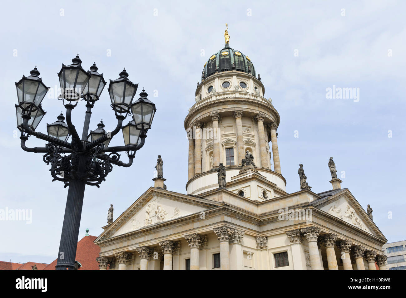 The facade of the Neue Kirche Cathedral with a dome in Gendarmenmarkt ...