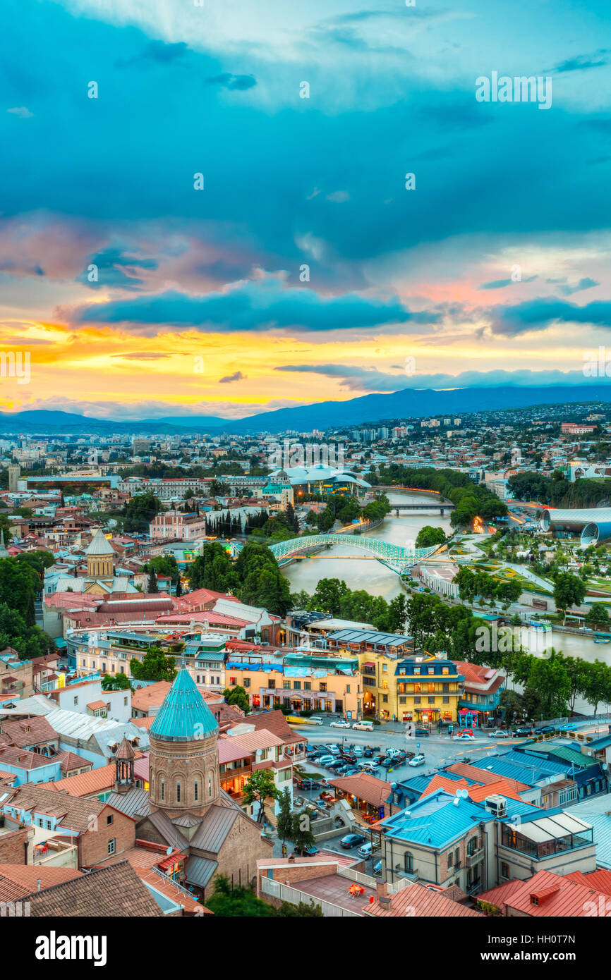 The Top View Of Old Colorful Town And Kura Mtkvari River Under Bridges ...