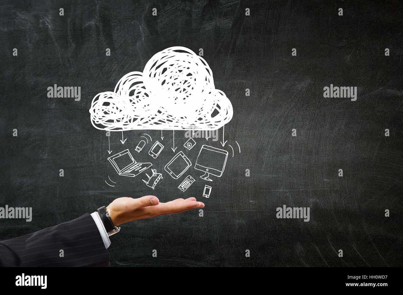 Palm of businessman presenting cloud computing and wireless connection ...