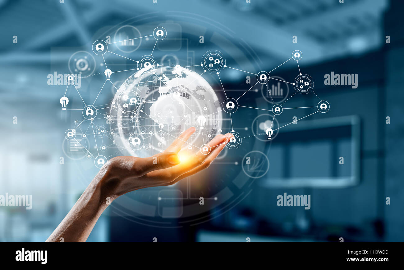 Woman hand showing in palm digital connection concept. 3D rendering ...