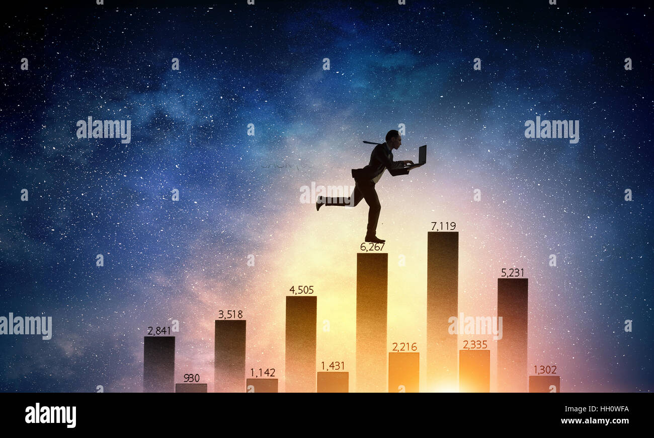 Silhouette of businessman running over night city background Stock ...