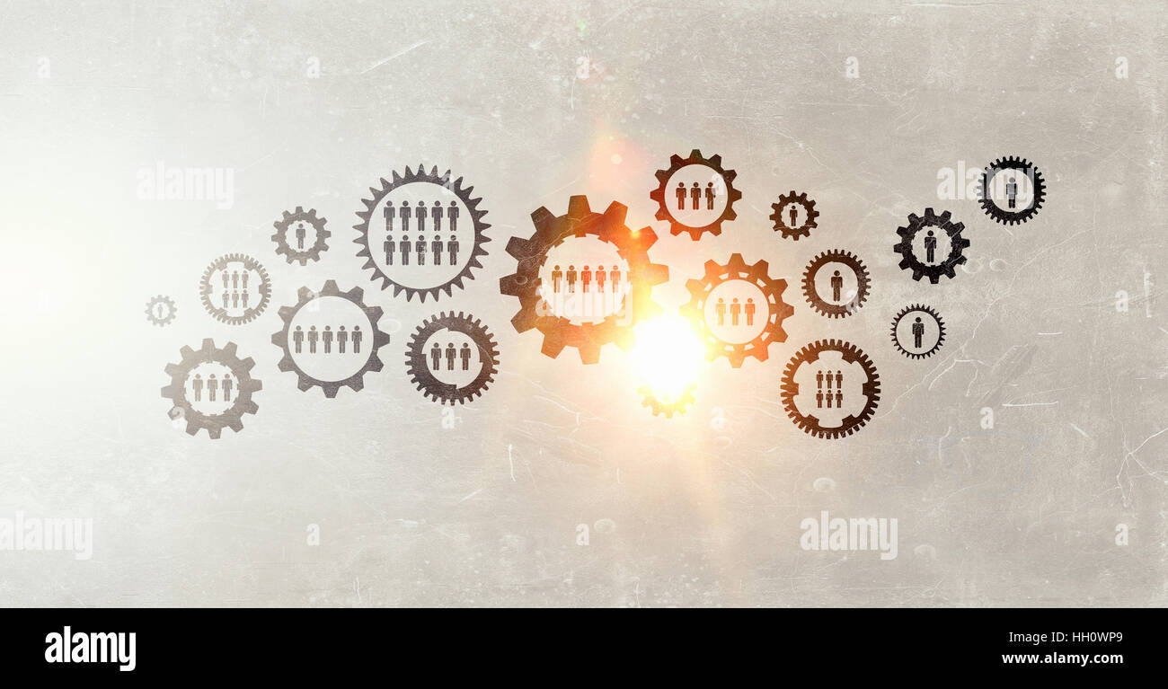 Abstract background with connected gears and icons for teamwork ...