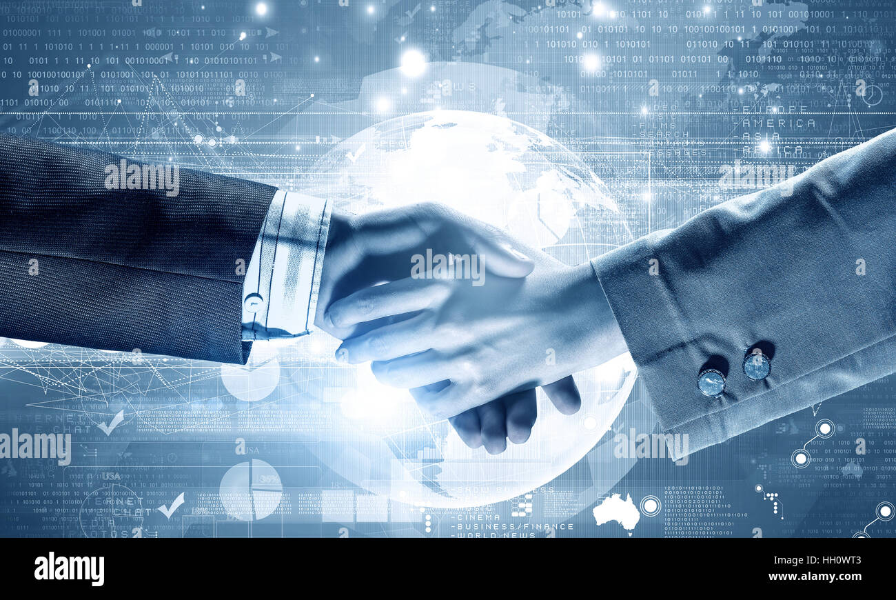 Business handshake against social network background. 3D rendering ...