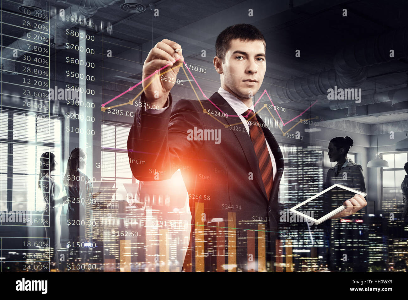 Young handsome businessman drawing diagram on virtual panel. Mixed ...