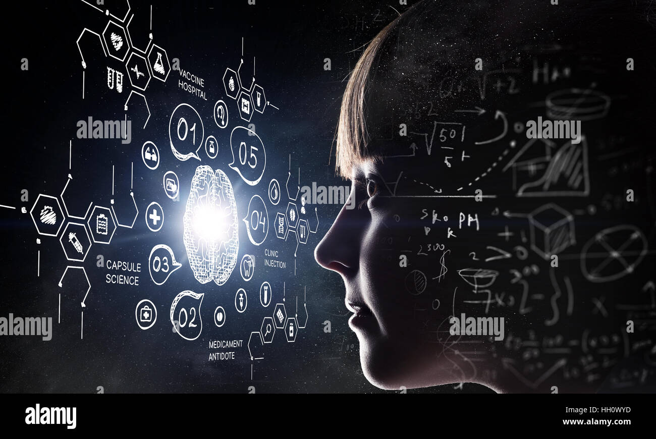 Profile of kid girl and science sketches at background Stock Photo - Alamy