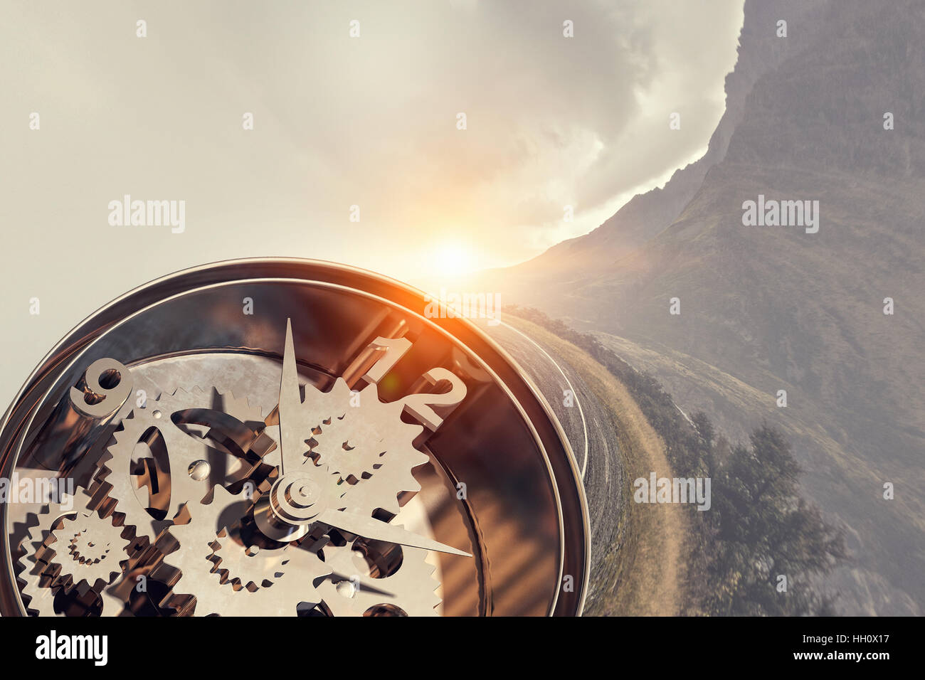 Time concept image with old clock mechanism against nature background ...