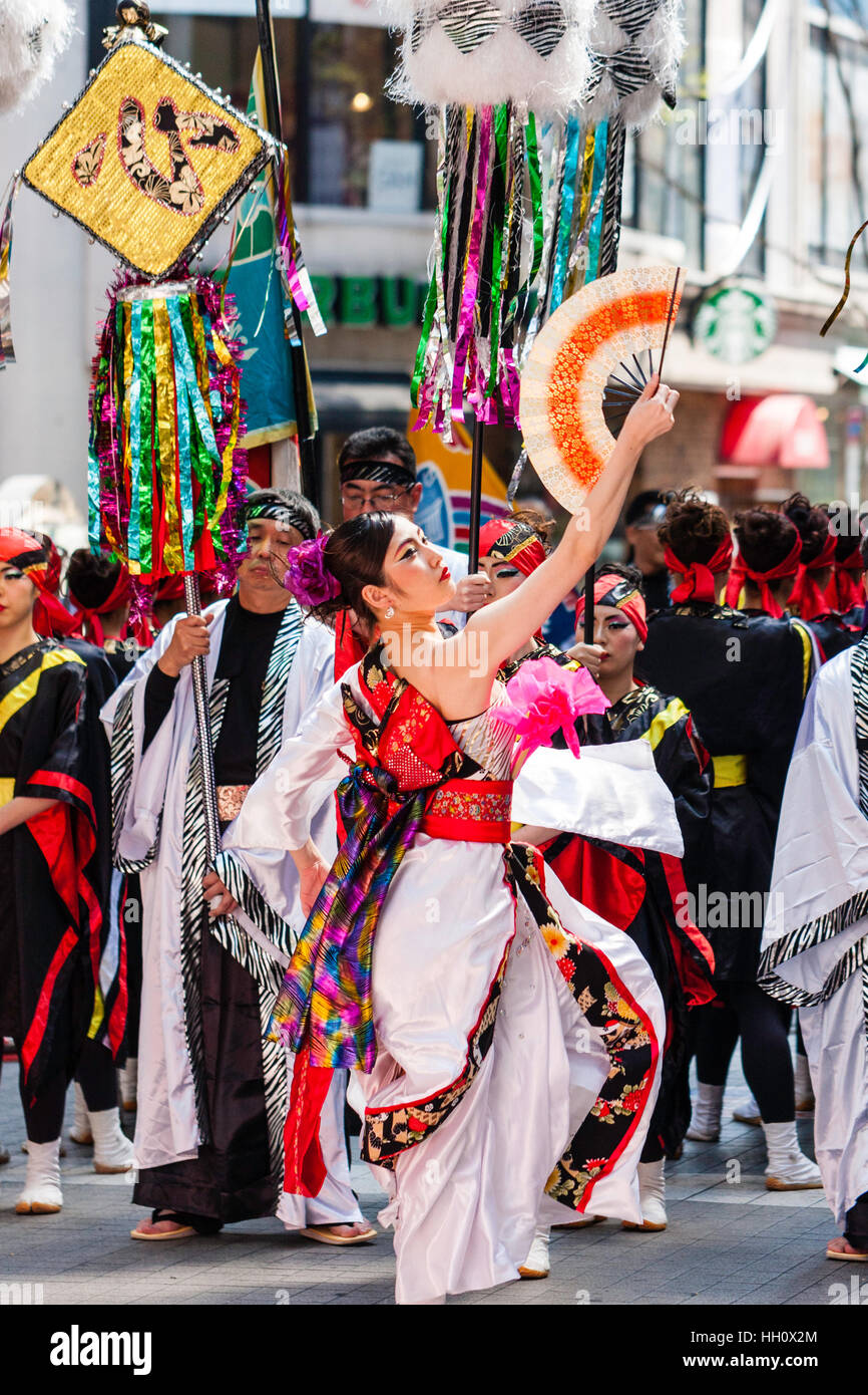 Japanese Yosakoi Dance Festival. Female team performing dance in ...
