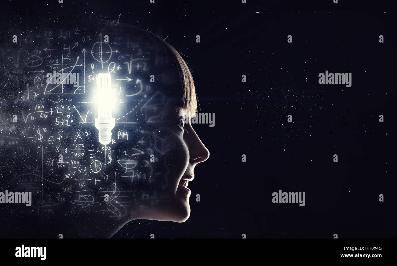 Profile of kid girl and science sketches at background Stock Photo - Alamy