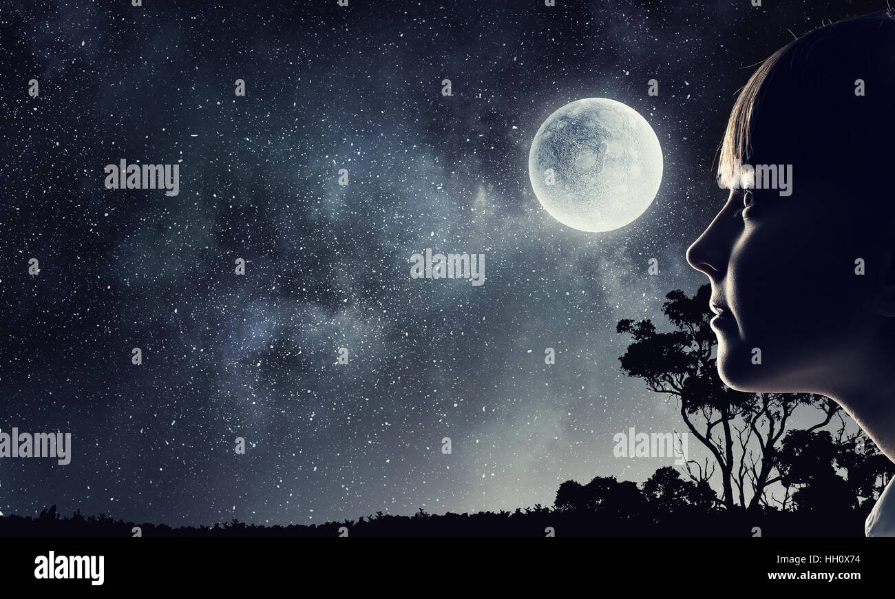 Profile image of cute girl and night sky background Stock Photo - Alamy