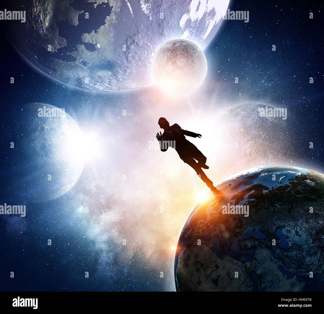 Silhouette of businessman running on Earth planet. Elements of this ...