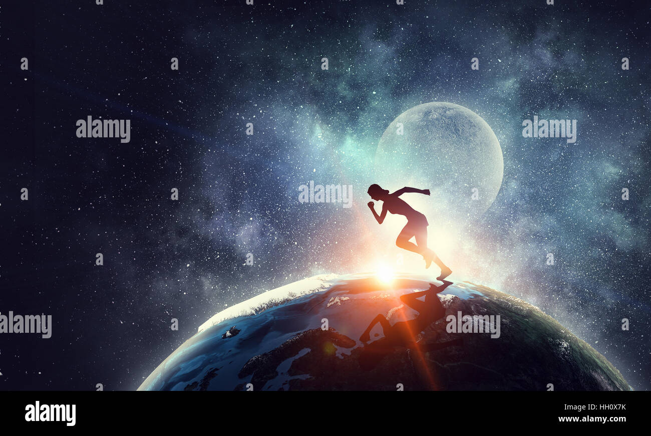 Silhouette of athlete woman running on Earth planet. Elements of this ...