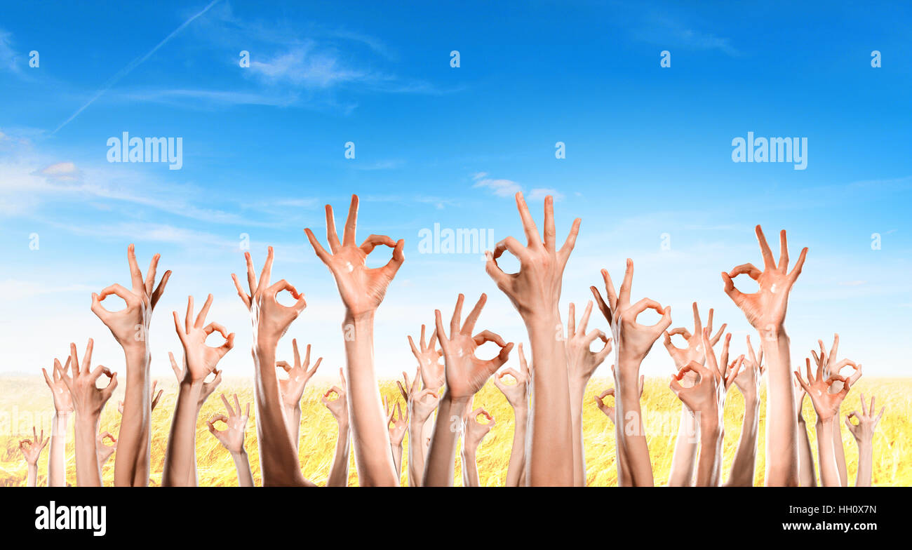 Row of raised hands showing different gestures Stock Photo - Alamy