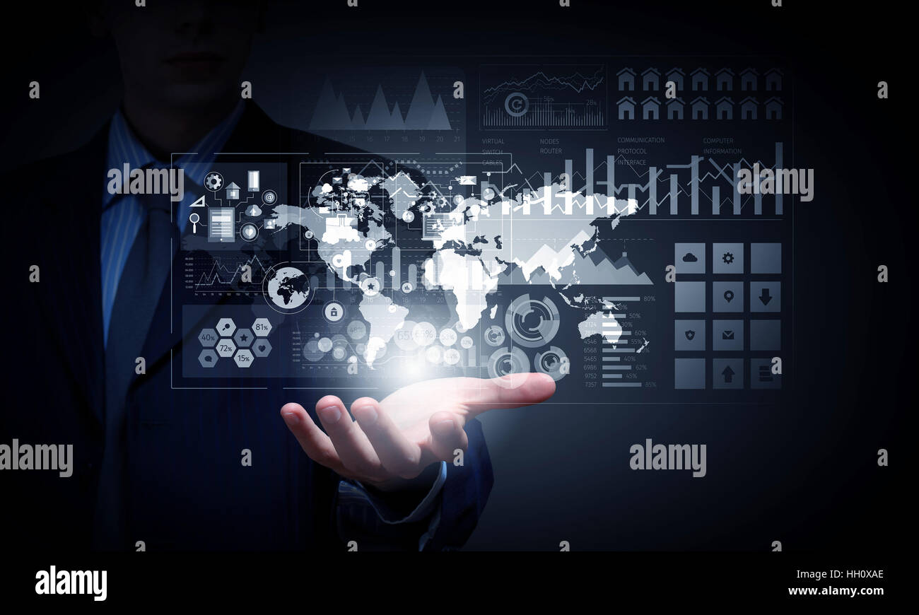 Close up of businessperson hand presenting media user interface in palm ...