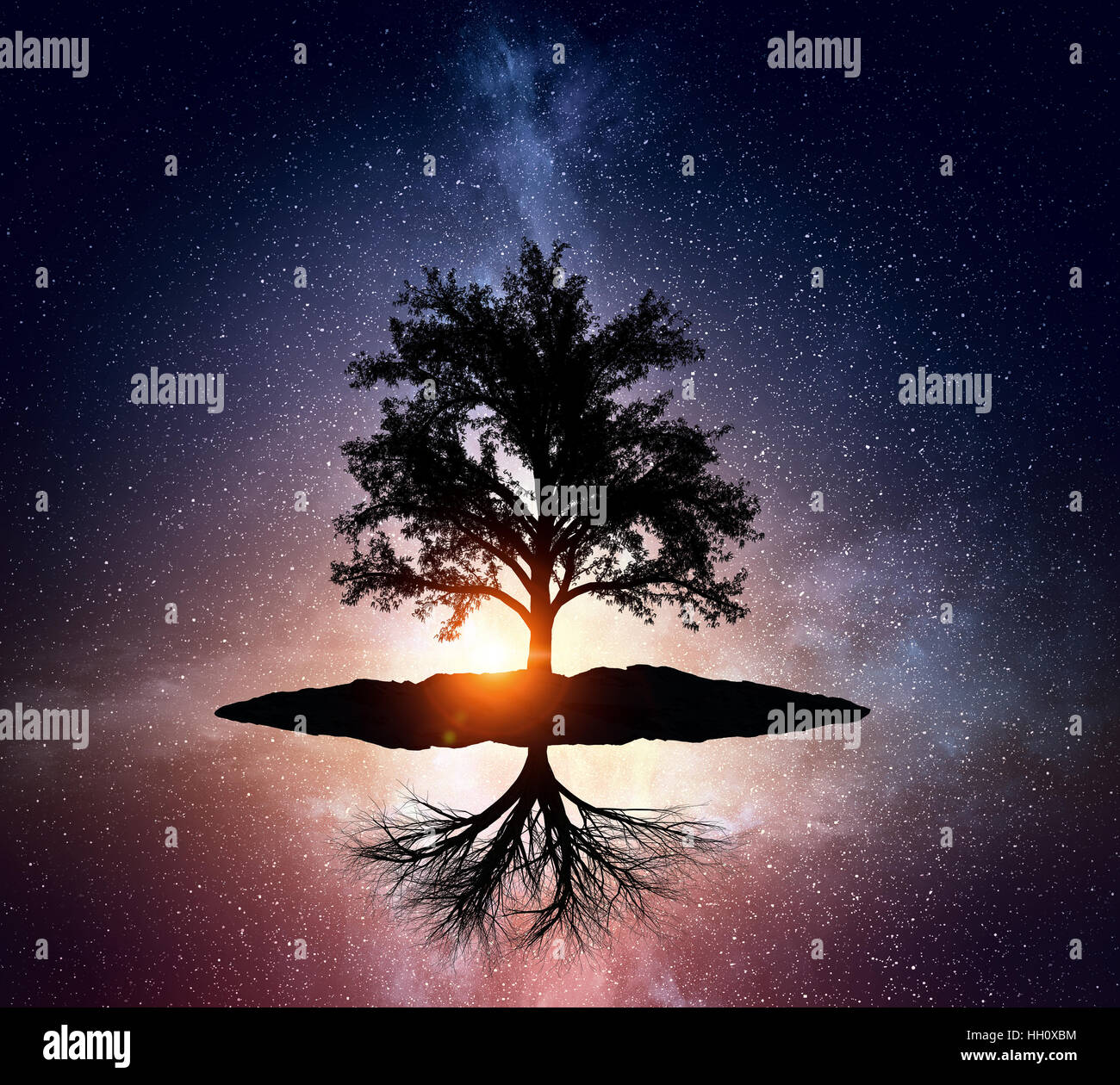 Background image with silhouette of tree on starry sky Stock Photo - Alamy