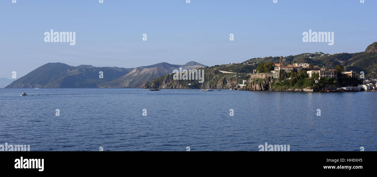 View of Lipari harbour with Vulcano behind, Aeolian Isands Stock Photo ...