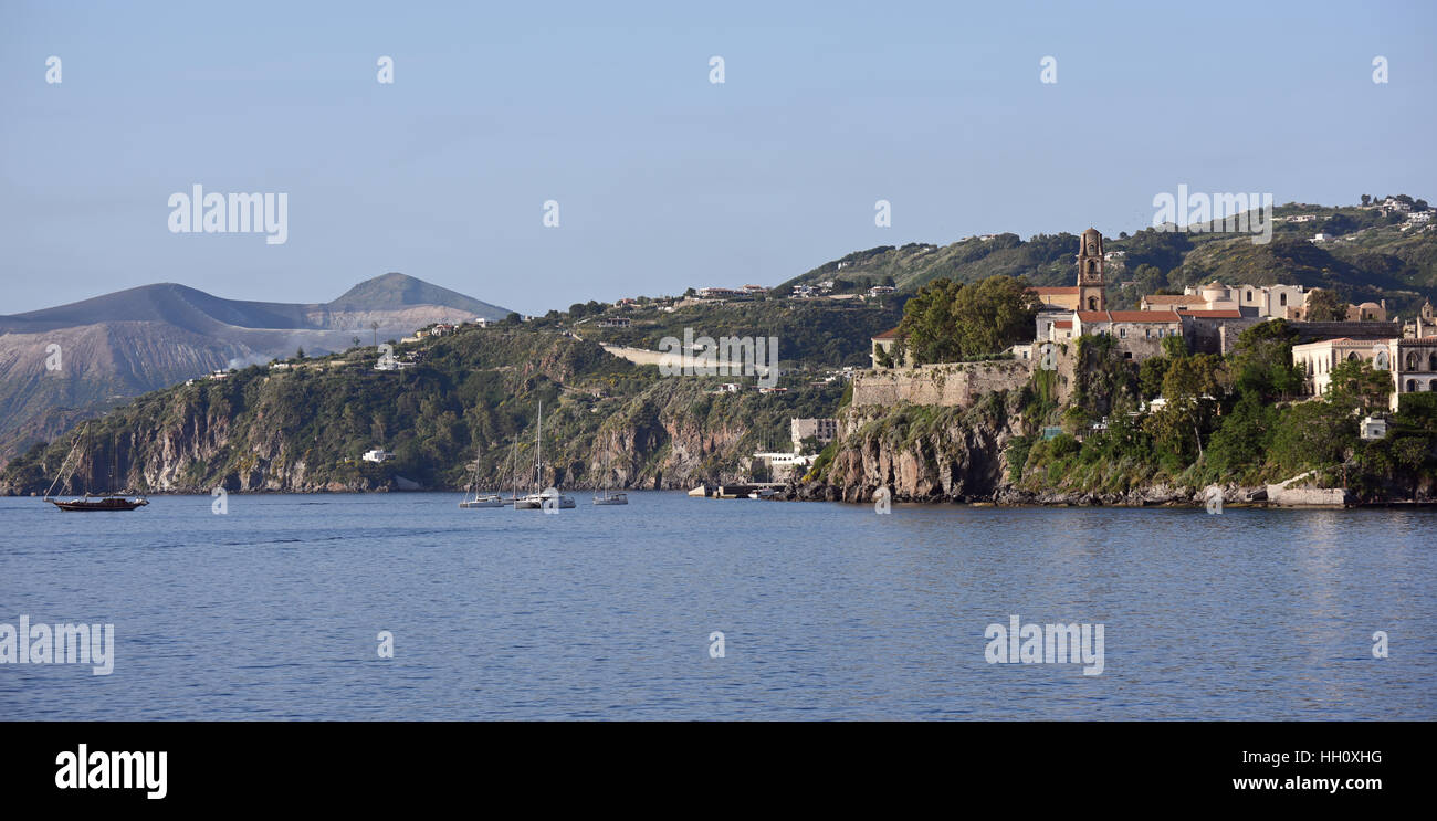 View of Lipari harbour with Vulcano behind, Aeolian Isands Stock Photo ...