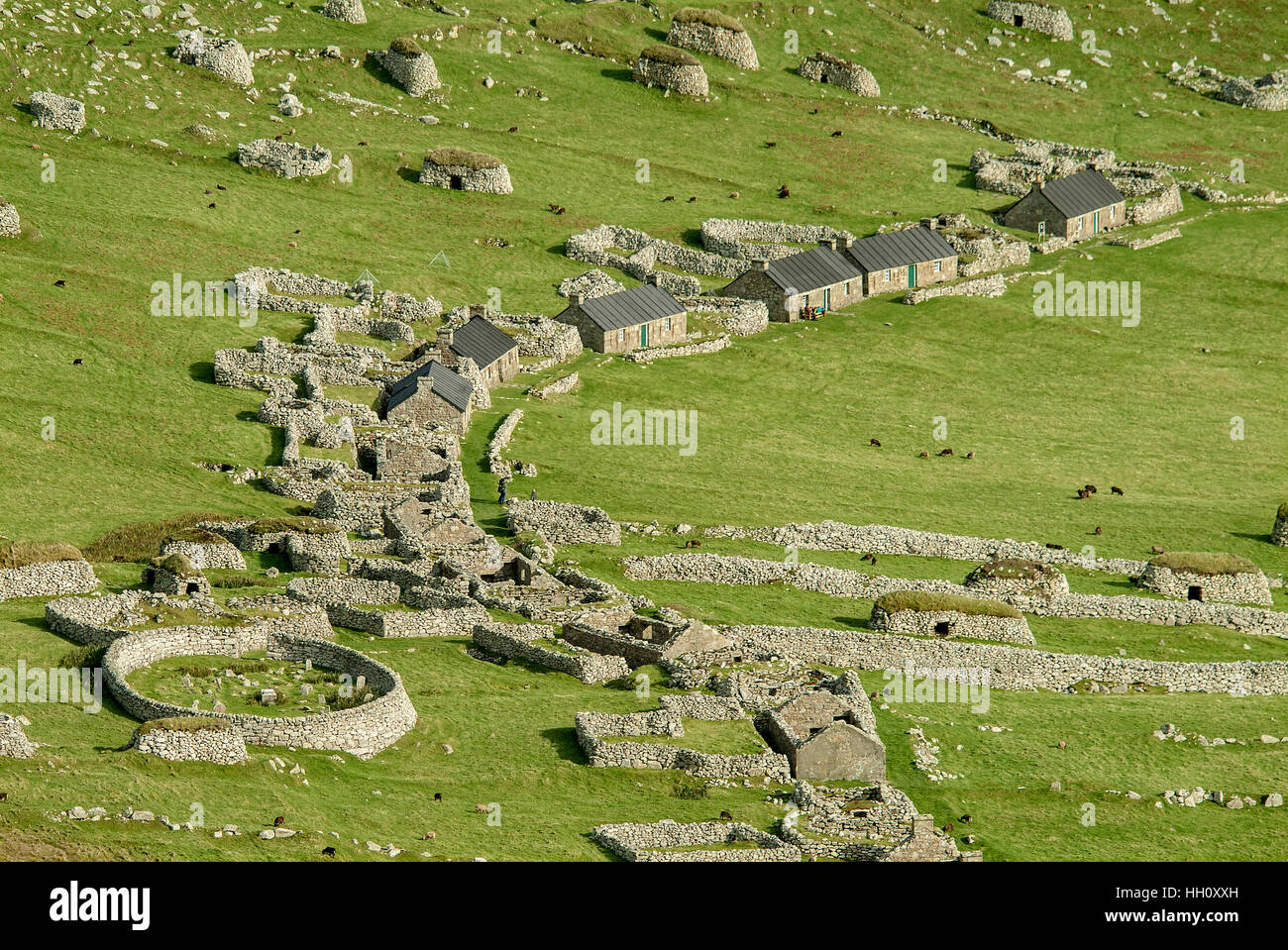 Aerial view of Hirta village street and circular graveyard, St.Kilda ...